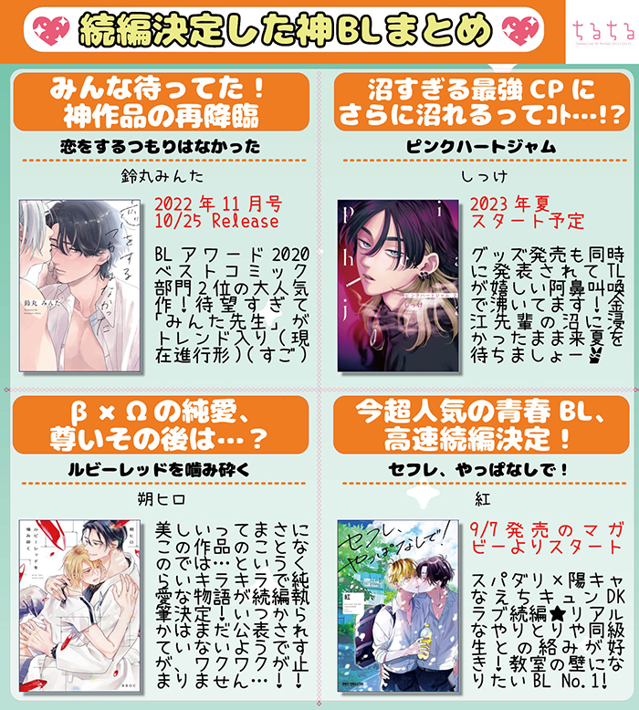 【ブクマ必須】鈴丸みんた『恋つも』しっけ『ピンジャム』…続編決定した神BL7選！｜BLニュース ちるちる